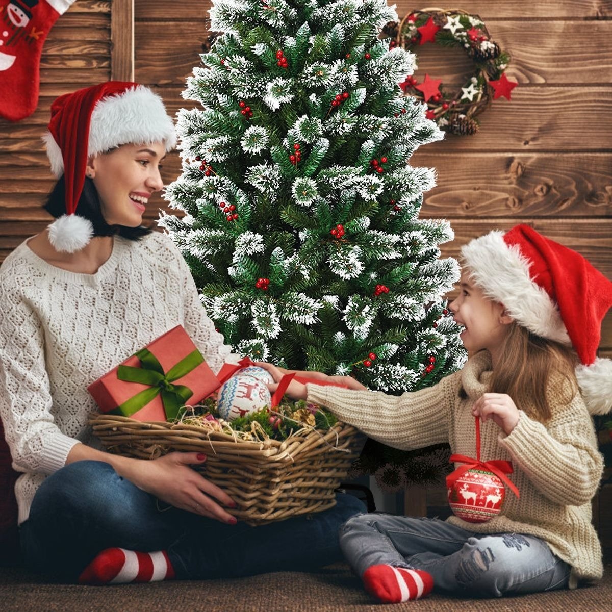 Artificial Christmas Tree 210cm with Snowflakes Dense Red Berries ...